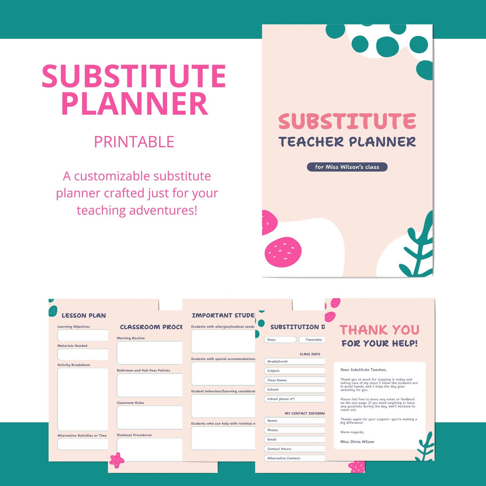 Editable Substitute Teacher Binder | Printable Emergency Sub Plans ...