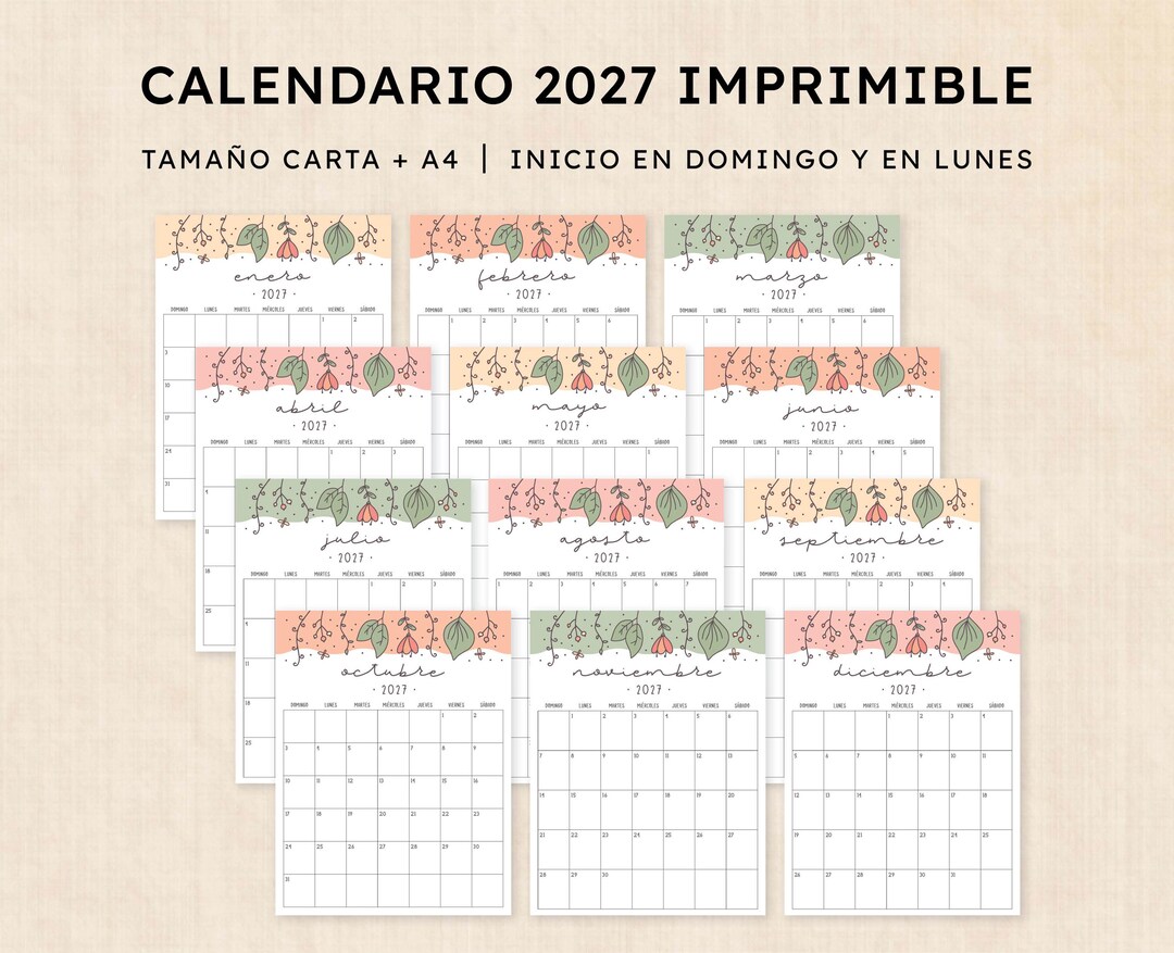 Calendario 2027 Para Imprimir · PDF De 12 Páginas · Garden Gala - Etsy