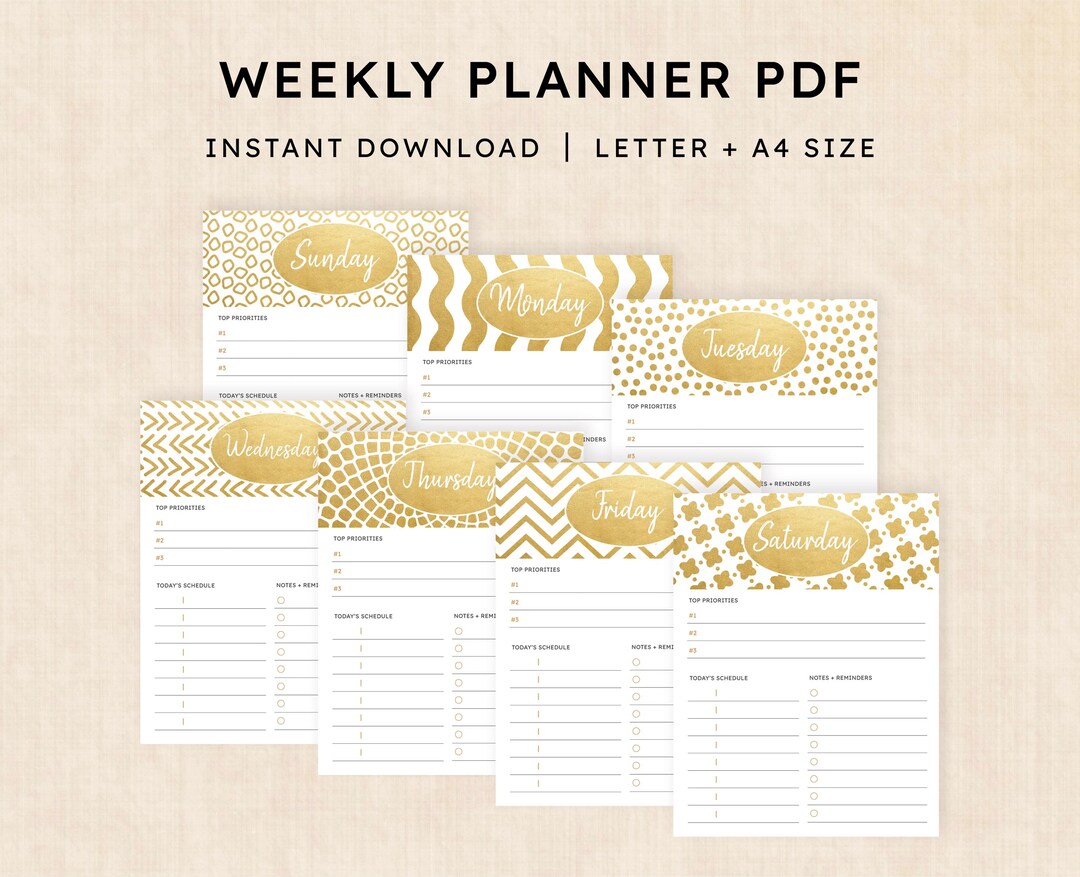 Buy Weekly Planner Printable · 7-page PDF · Golden Glamour Online in India - Etsy