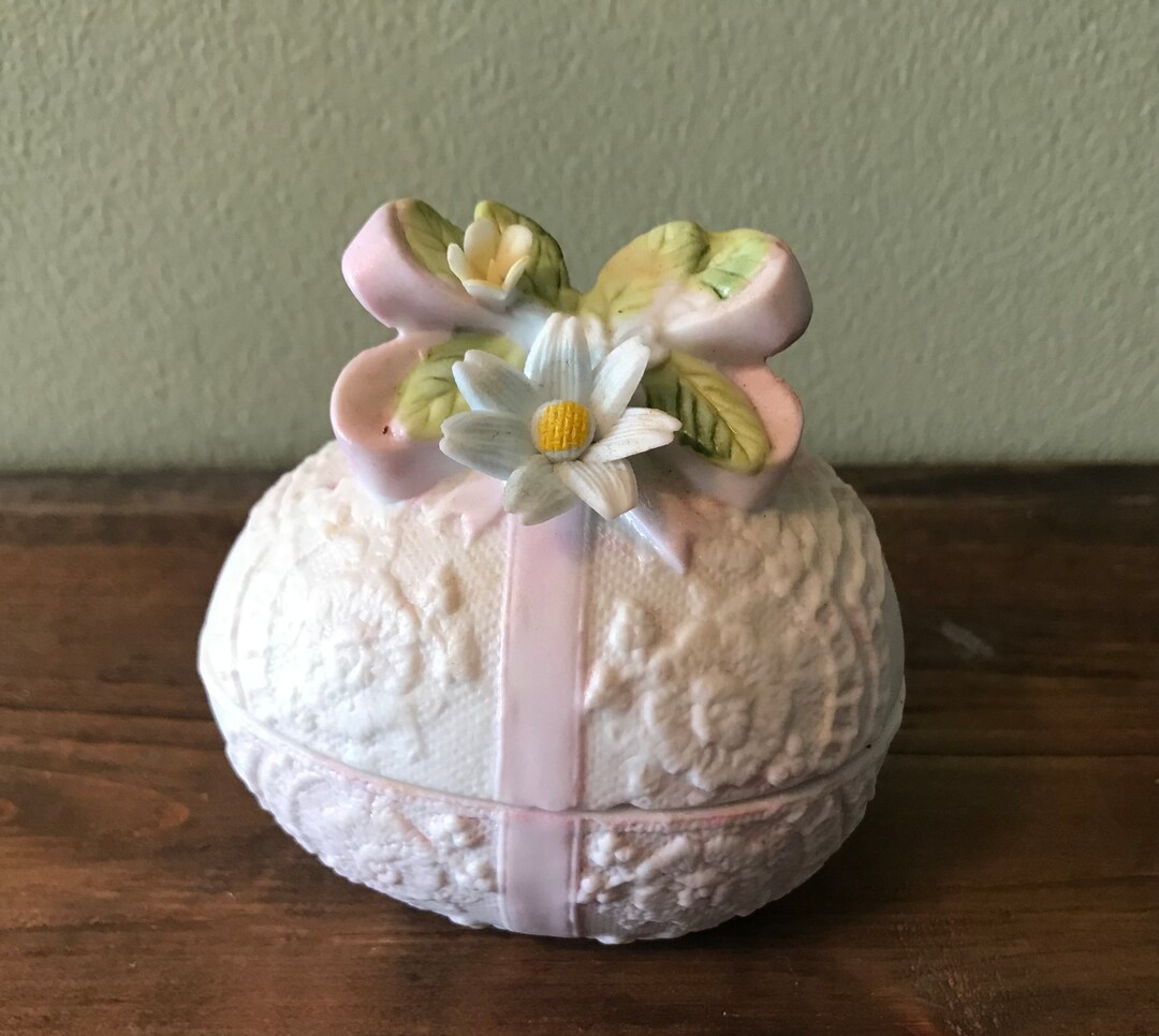 Vintage Porcelain Lefton Egg Trinket Box With Flowers - Etsy