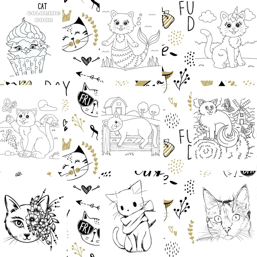 Cat Coloring Pages - Adorable Cat Coloring Book - Cute Cat & Kitten ...