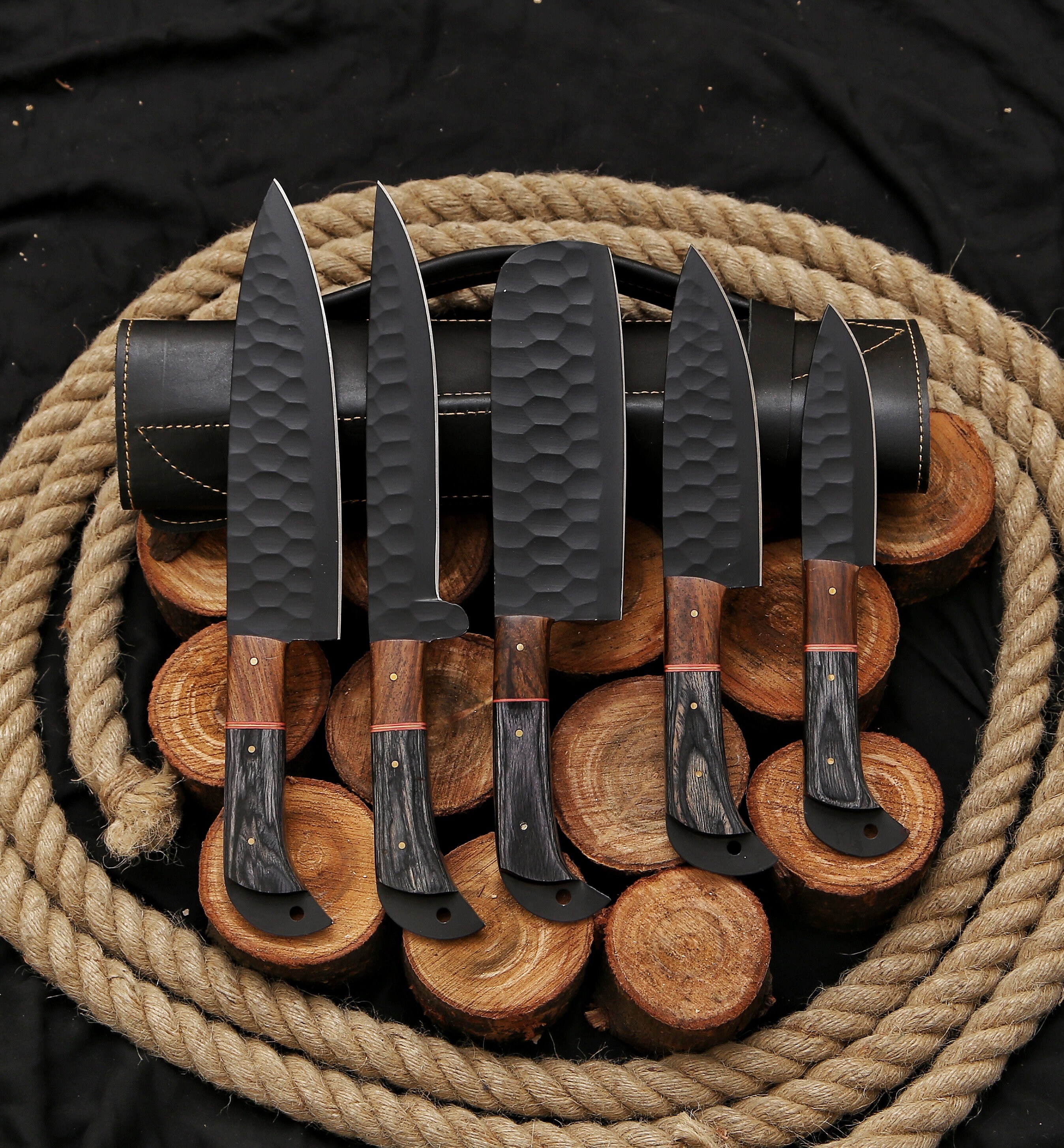 Hand Forged Chef Knife Set of 5pcs,damascus Steel Chef Set With Leather ...