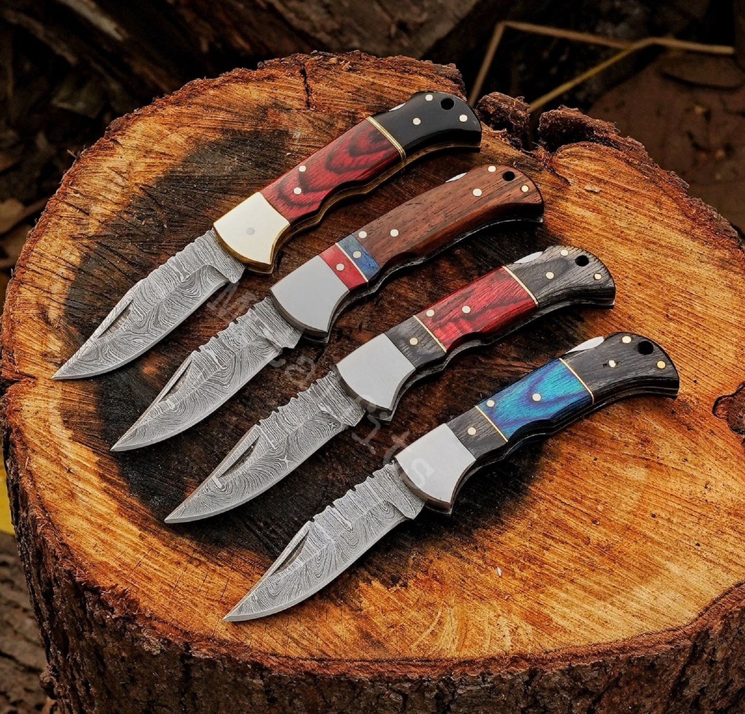 Damascus Steel Pocket Knives Set, Personalized Gift for Him, Handmade ...