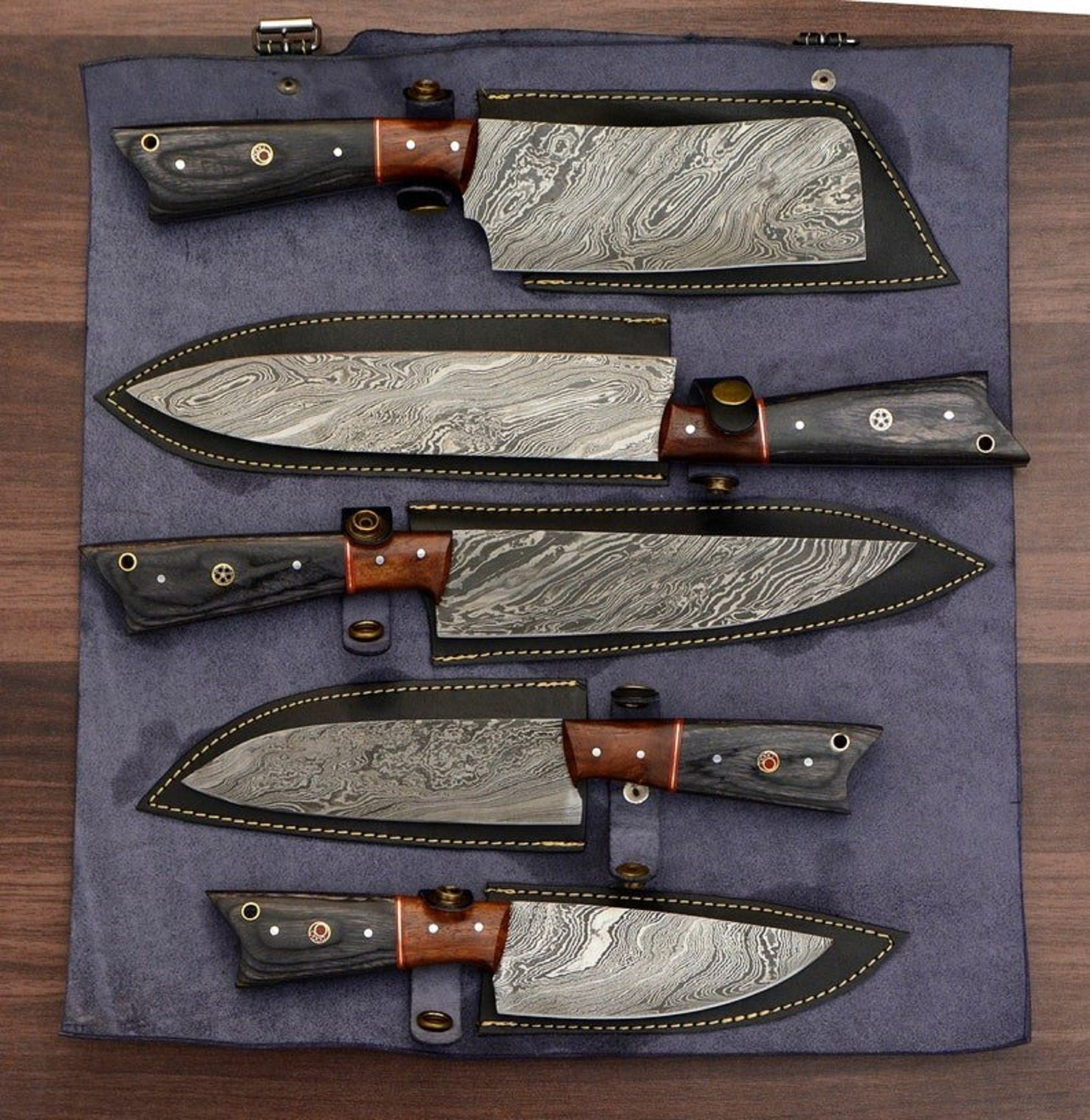 Hand Forged Chef Knife Set of 5pcs,damascus Steel Chef Set With Leather ...