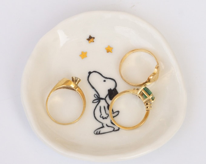 Handmade Porcelain Snoopy Ring Dish | Trinket Dish With Gold Stars ...