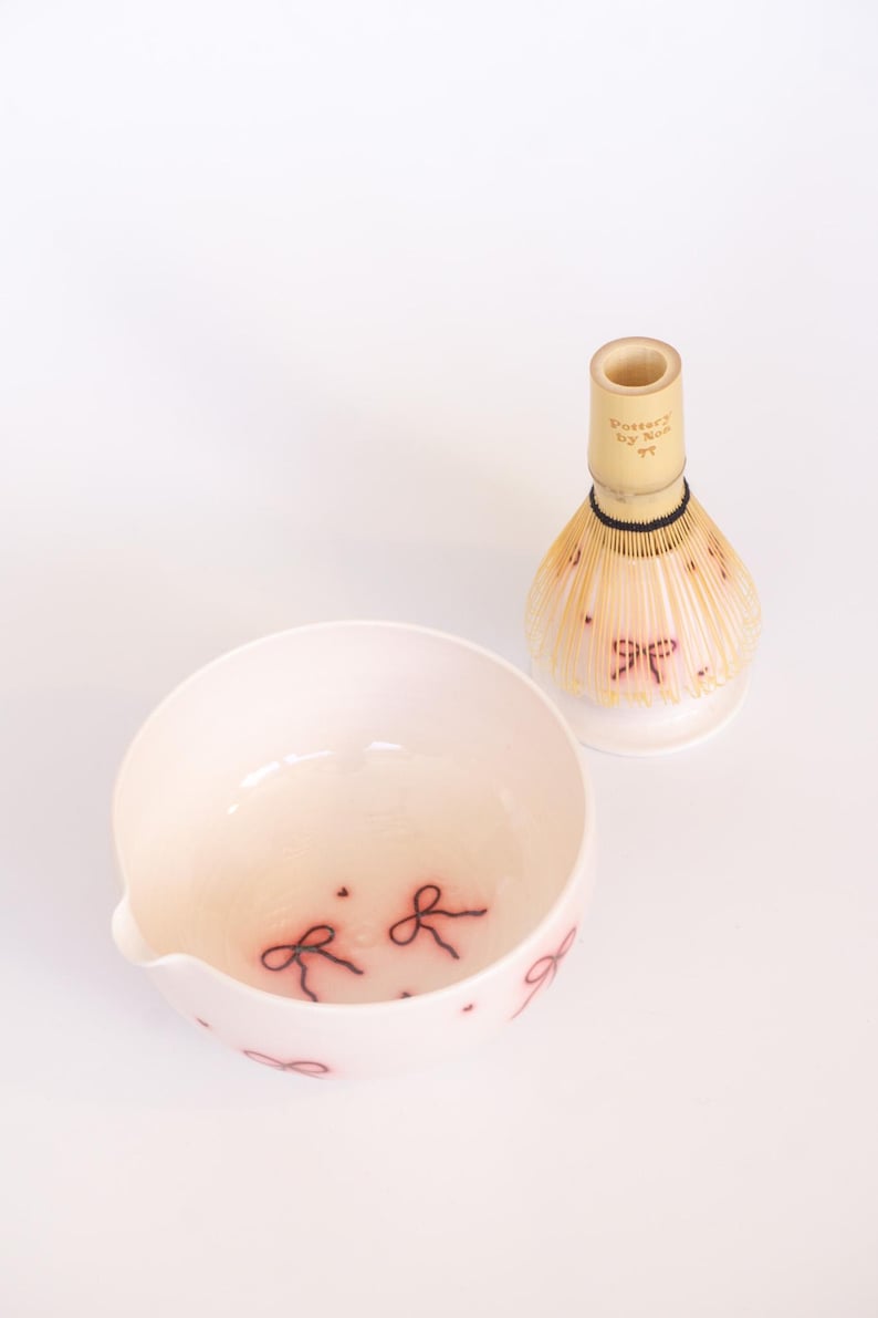 Handmade Ceramic Bows Matcha Set Chawan | Pink Matcha Bowl With Bows ...