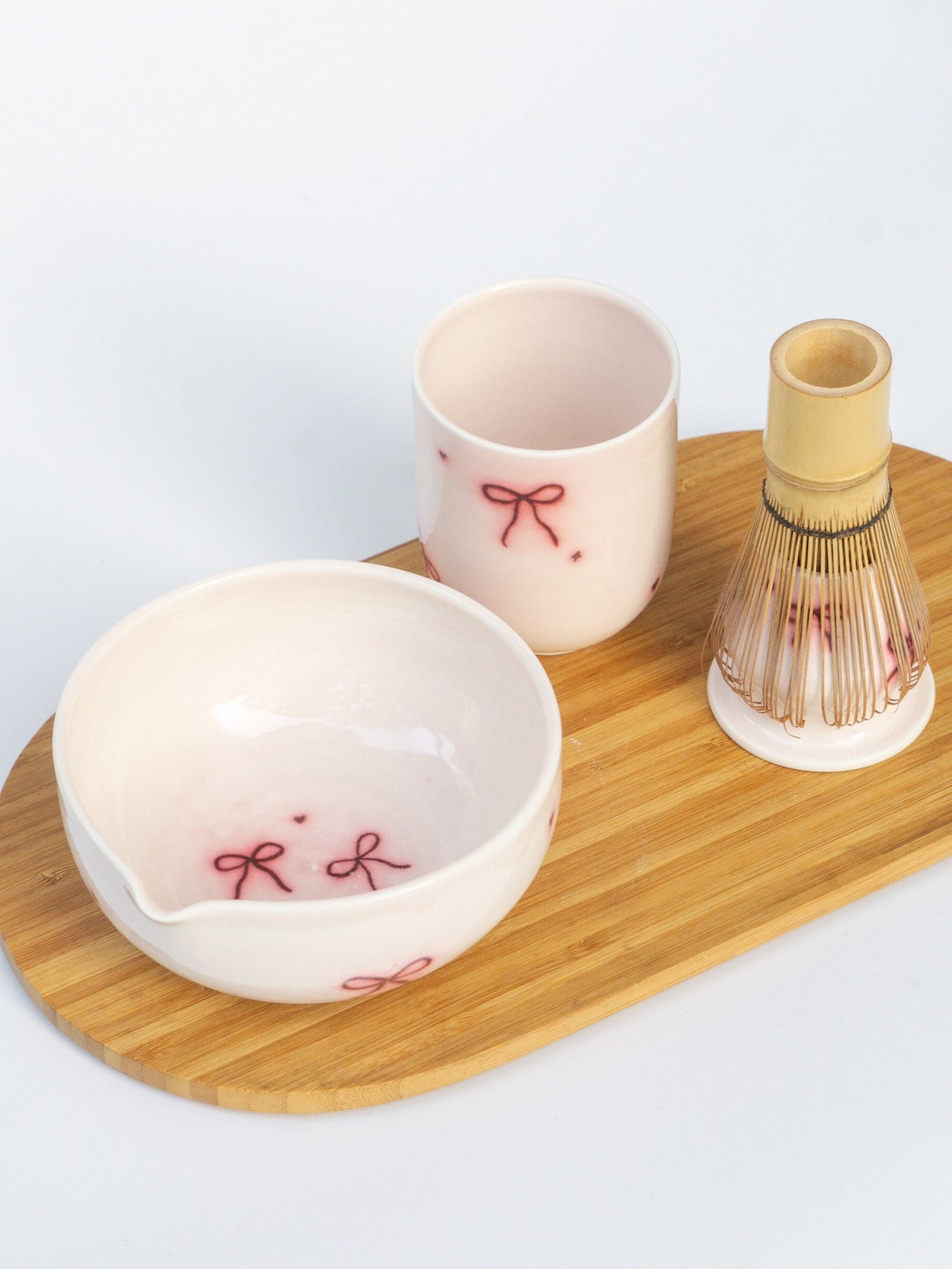Handmade Ceramic Bows Matcha Set Chawan Pink Matcha Bowl With Bows Decor Matcha Lover Matcha Set ...