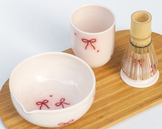 Handmade Ceramic Bows Matcha Set Chawan Pink Matcha Bowl With Bows ...