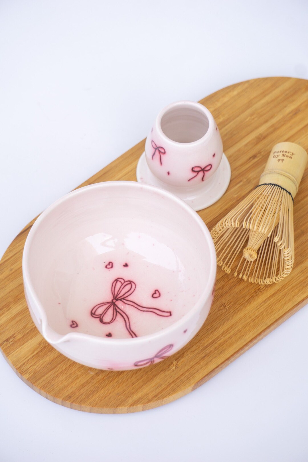 Handmade Ceramic Bows Matcha Set Chawan | Pink Matcha Bowl With Bows ...