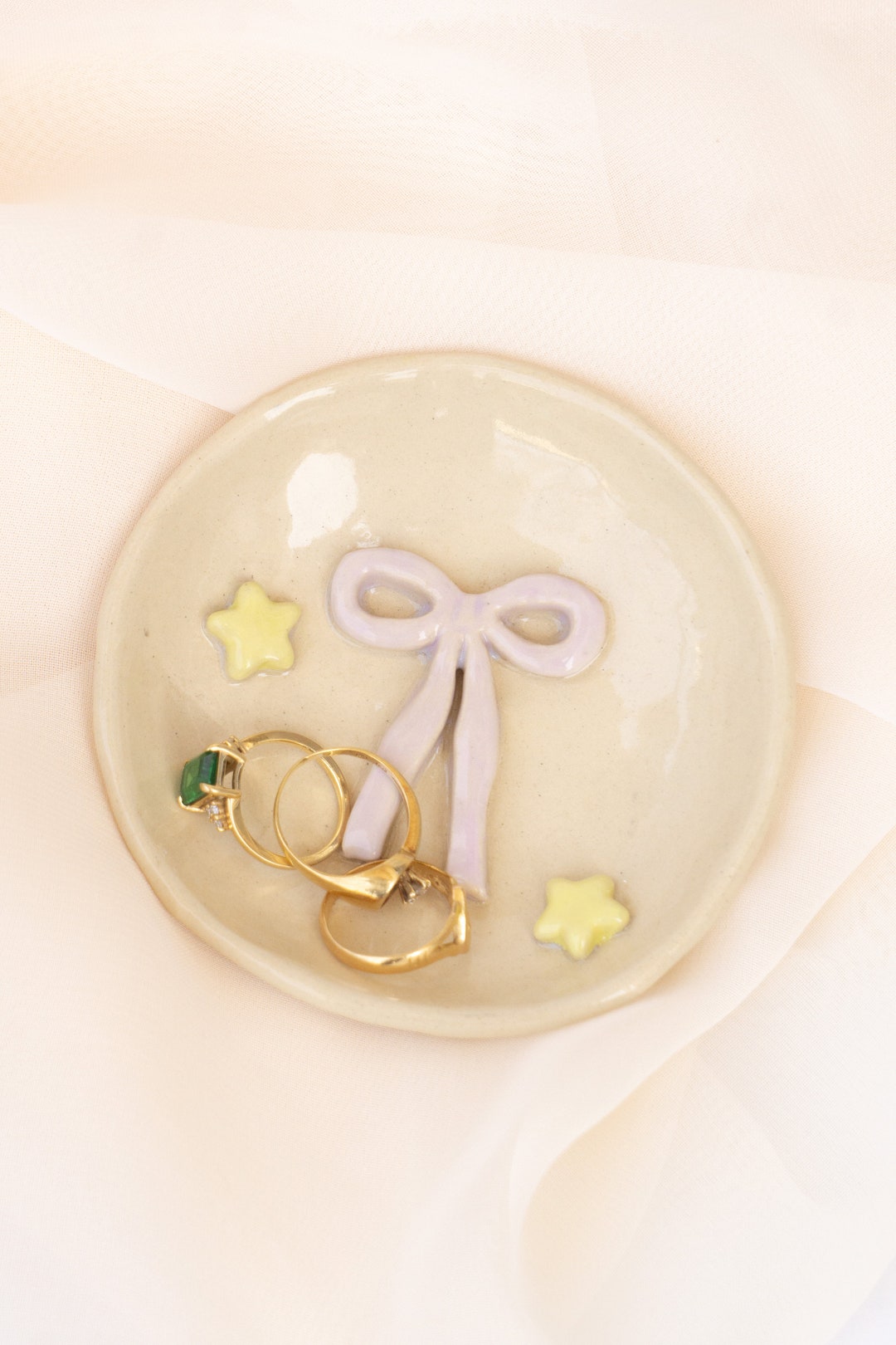 Handmade Cute Ceramic Bow and Stars Ring Dish Pink Trinket Dish With 3D ...