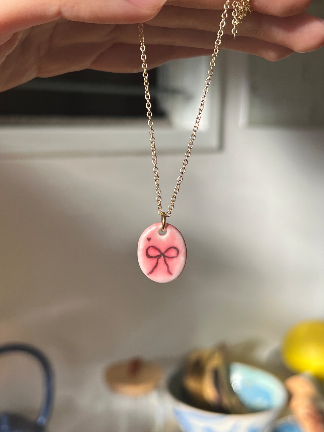 Handmade Porcelain Pink Aura Bow Necklace Ceramic Coquette Pendant ...