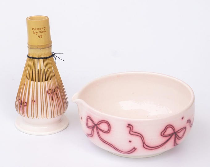 Handmade Ceramic Bows Matcha Set Chawan | Pink Matcha Bowl With Bows ...