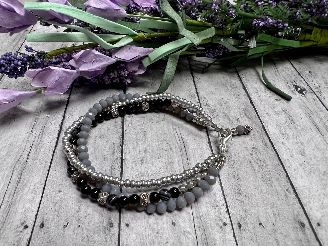 Triple Strand Bracelet, Black Boho Bracelet, Seed Bead Bracelet, Multi ...