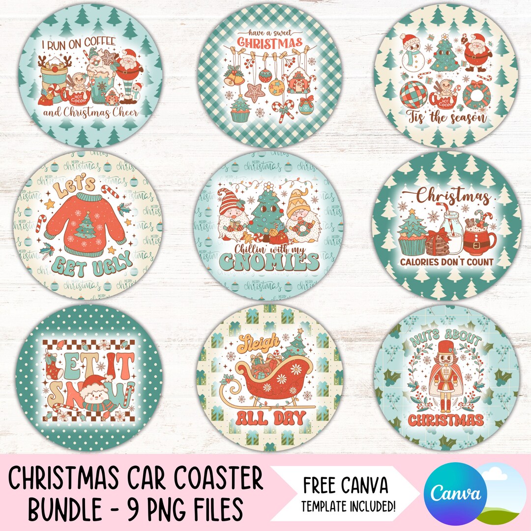 Christmas Car Coaster Bundle, Winter Round Sublimation Designs, Snowman Keychain PNG, Gnome ...