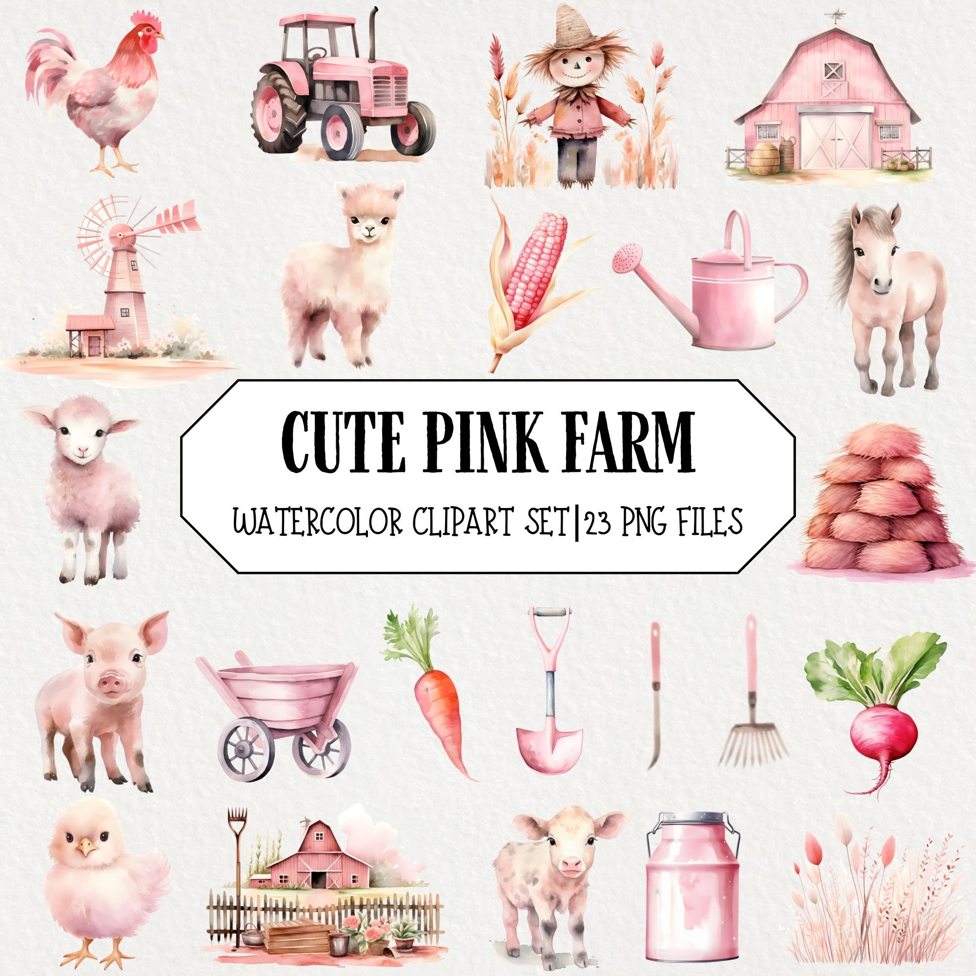Watercolor Pink Farm Animals Clipart (digital Files Download) - Etsy
