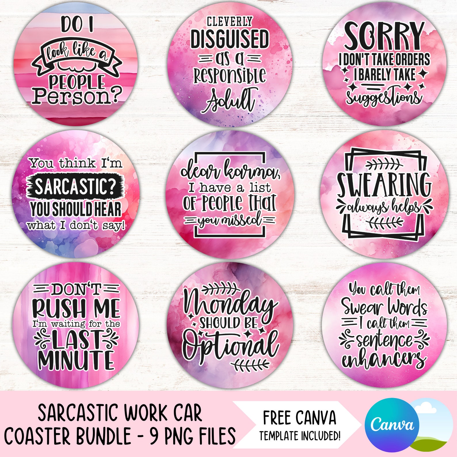 Sarcastic Quotes Car Coaster PNG Bundle Funny Cup Holder Sublimation ...