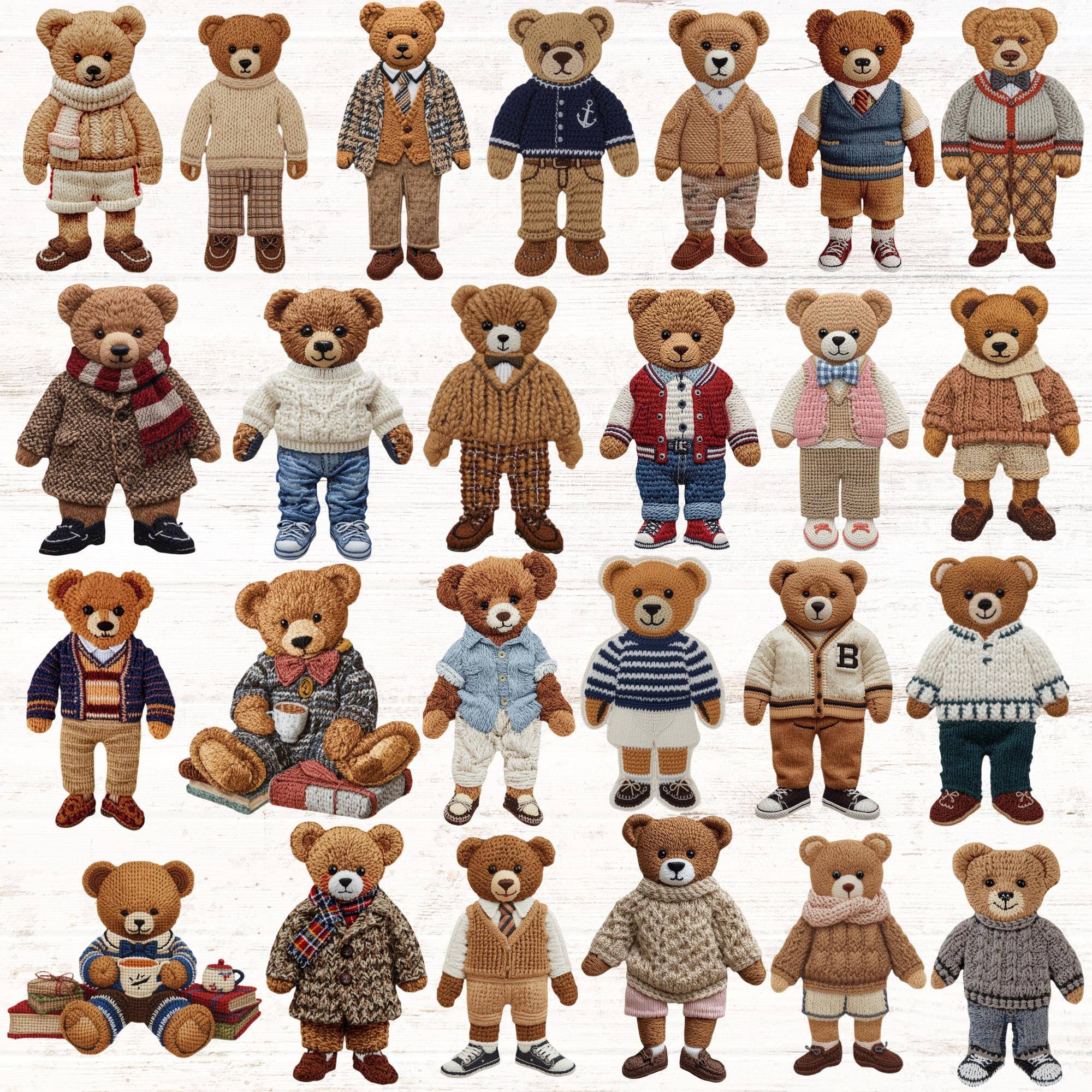 Preppy Teddy Bear Clipart Bundle, Faux Embroidery Tshirt Sublimation ...