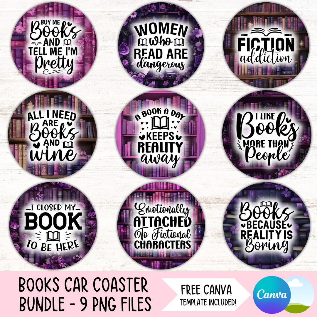 Book Lover Car Coaster PNG Bundle Reading Cup Holder Sublimation ...