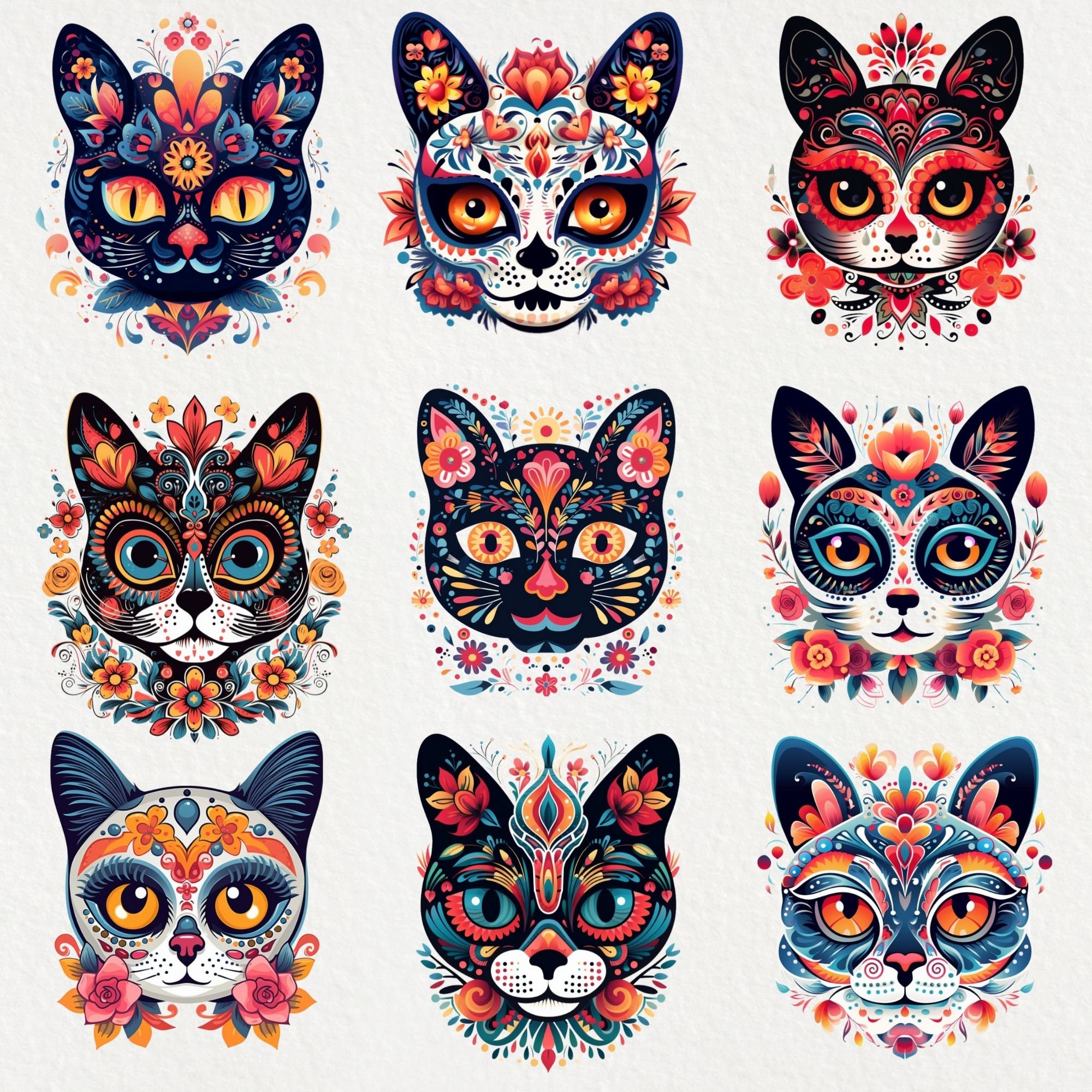 Cute Cat Sugar Skull Png Bundle, Mexican Day of the Dead Instant ...
