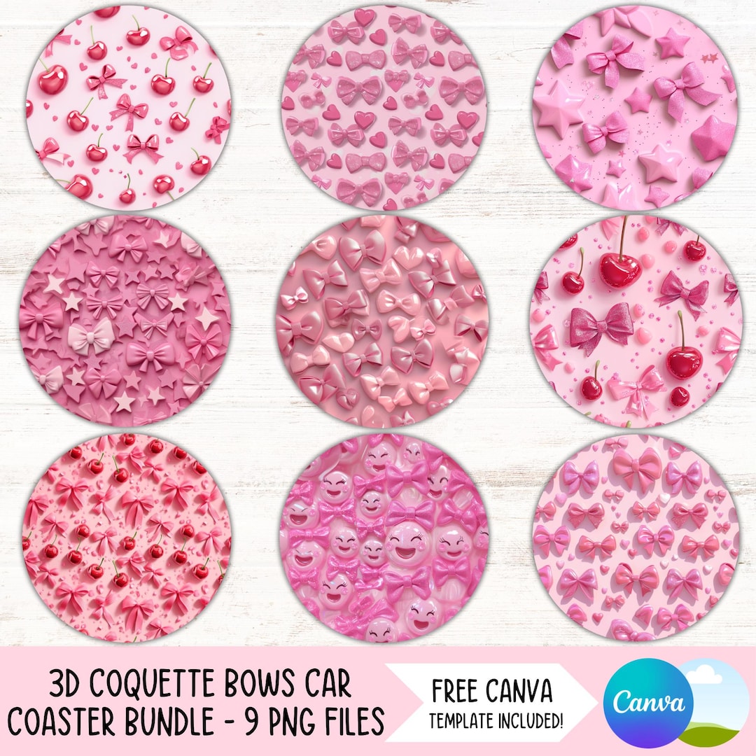 3D Pink Coquette Bows Car Coaster PNG Bundle Ribbon Cup Holder ...