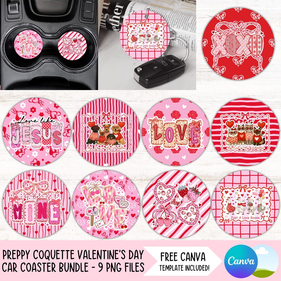 Preppy Coquette Valentine's Day Car Coaster Bundle, Be Mine Round ...