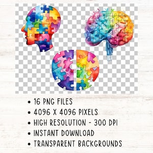 Puzzle Piece Brain PNG Bundle Colorful Brain Clipart Mental Health Png ...