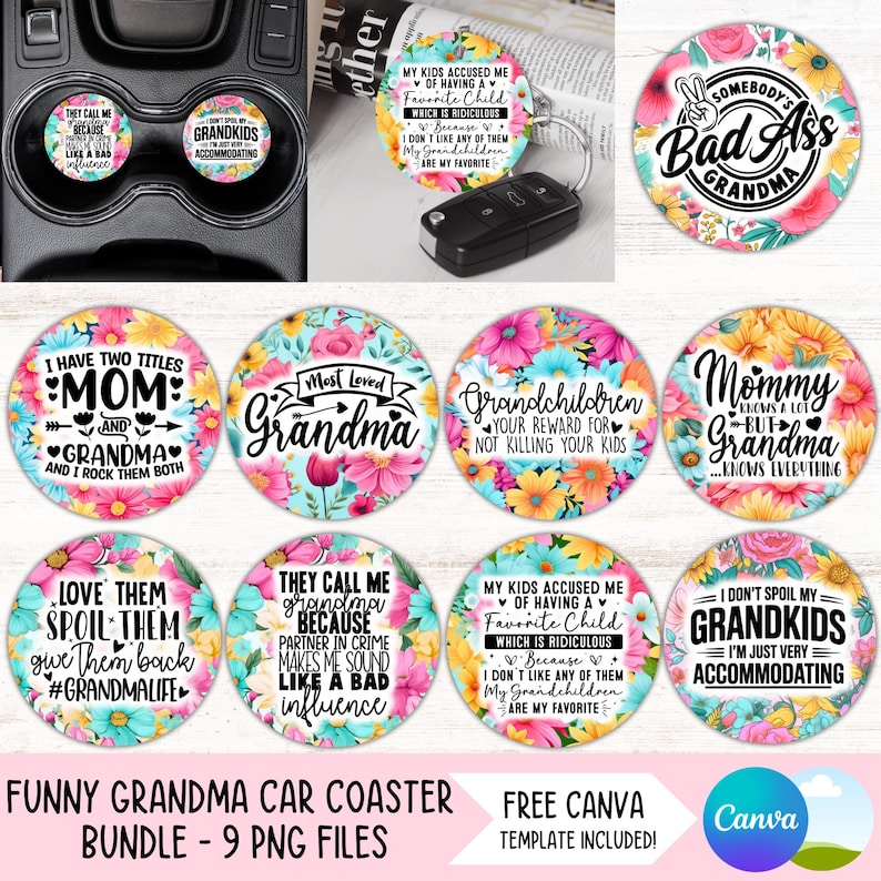 Funny Grandma Car Coaster Png Bundle Sarcastic Cup Holder Sublimation ...