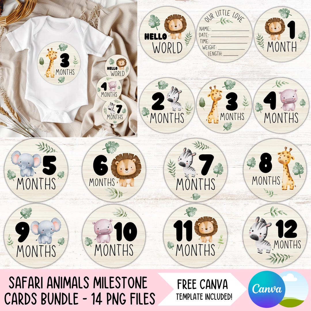 Safari Animals Baby Monthly Milestone Card Rounds PNG Bundle Baby ...