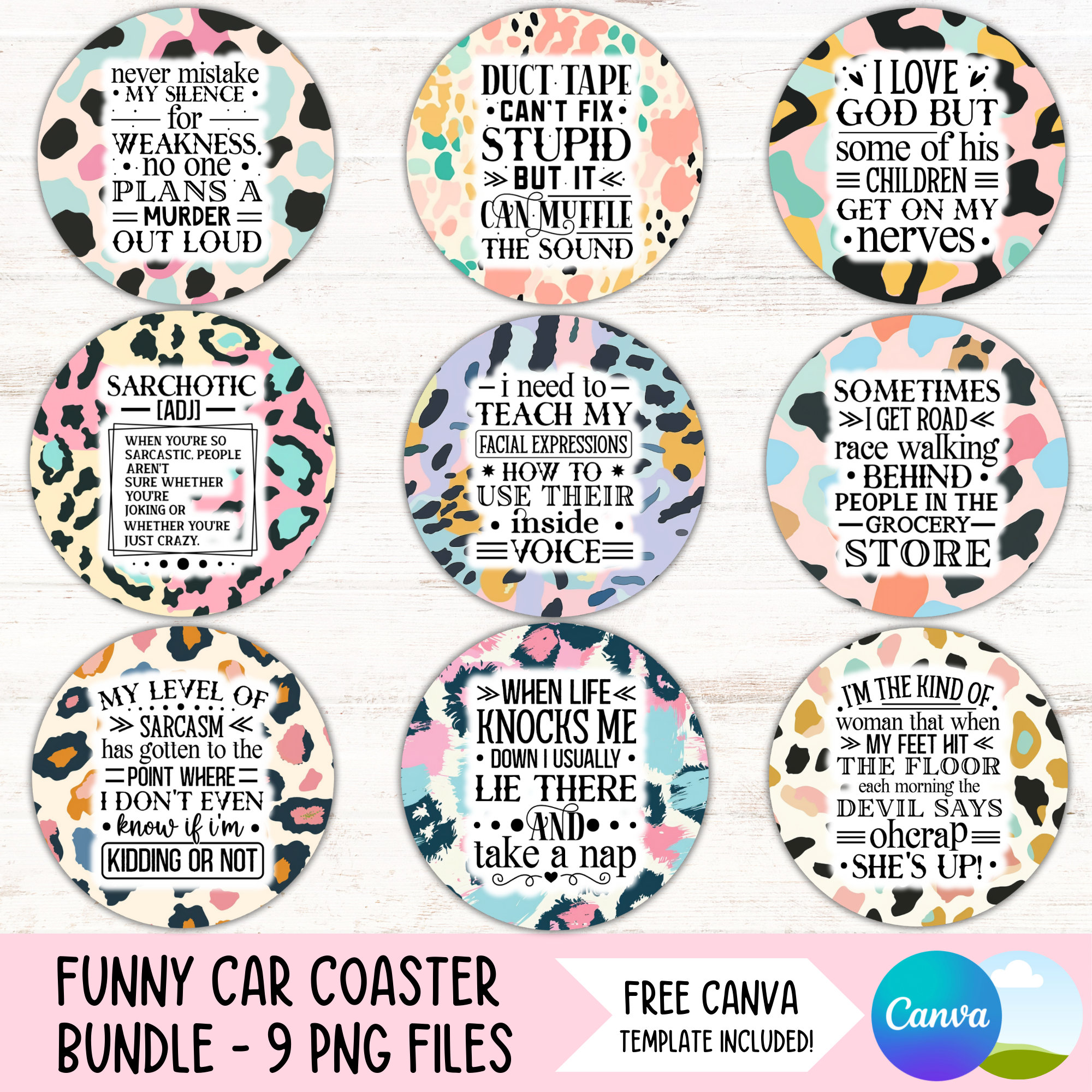 Sarcastic Quotes Car Coaster PNG Bundle Funny Cup Holder Sublimation ...