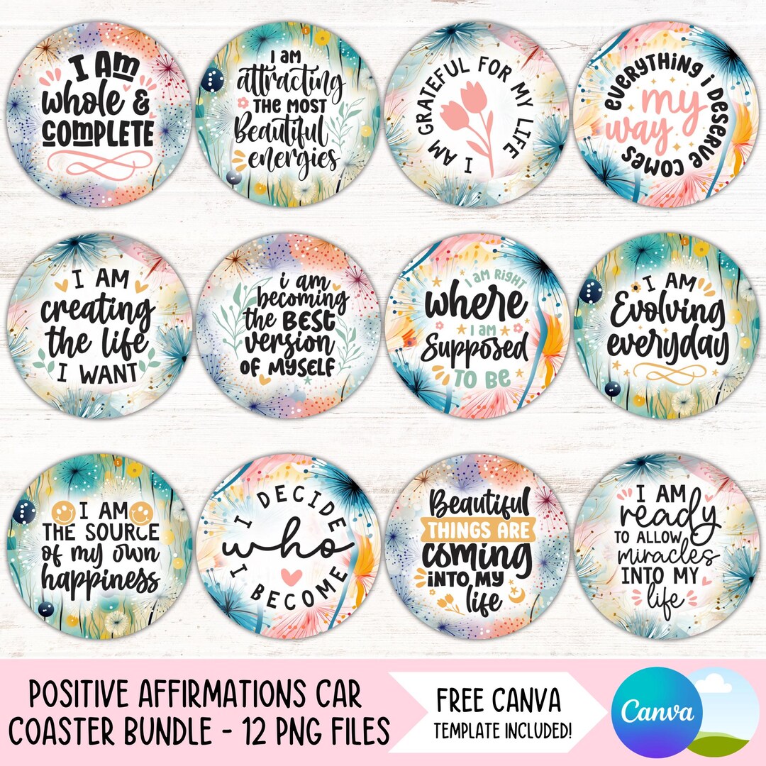 Positive Affirmations Car Coaster PNG Bundle Inspirational Cup Holder ...