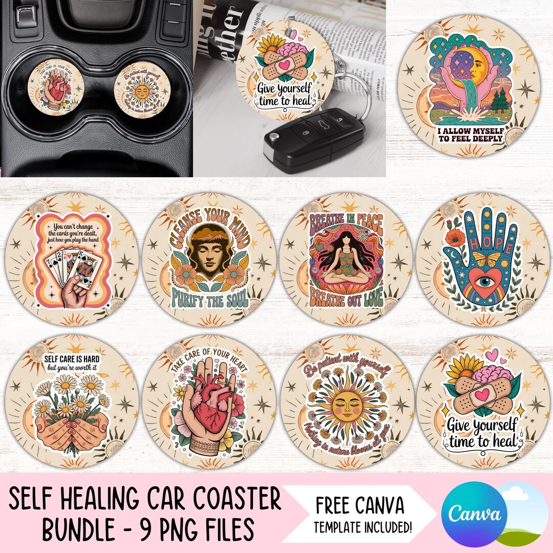 Self Healing Car Coaster Bundle Mental Health Round Sublimation Design ...