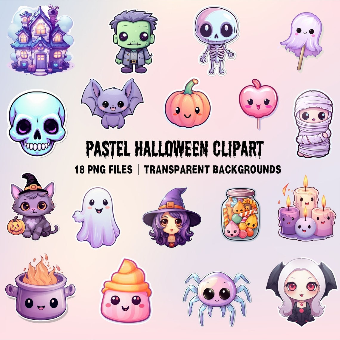 Cute Kawaii Pastel Halloween Clipart Bundle, Creepy Kawaii Horror ...