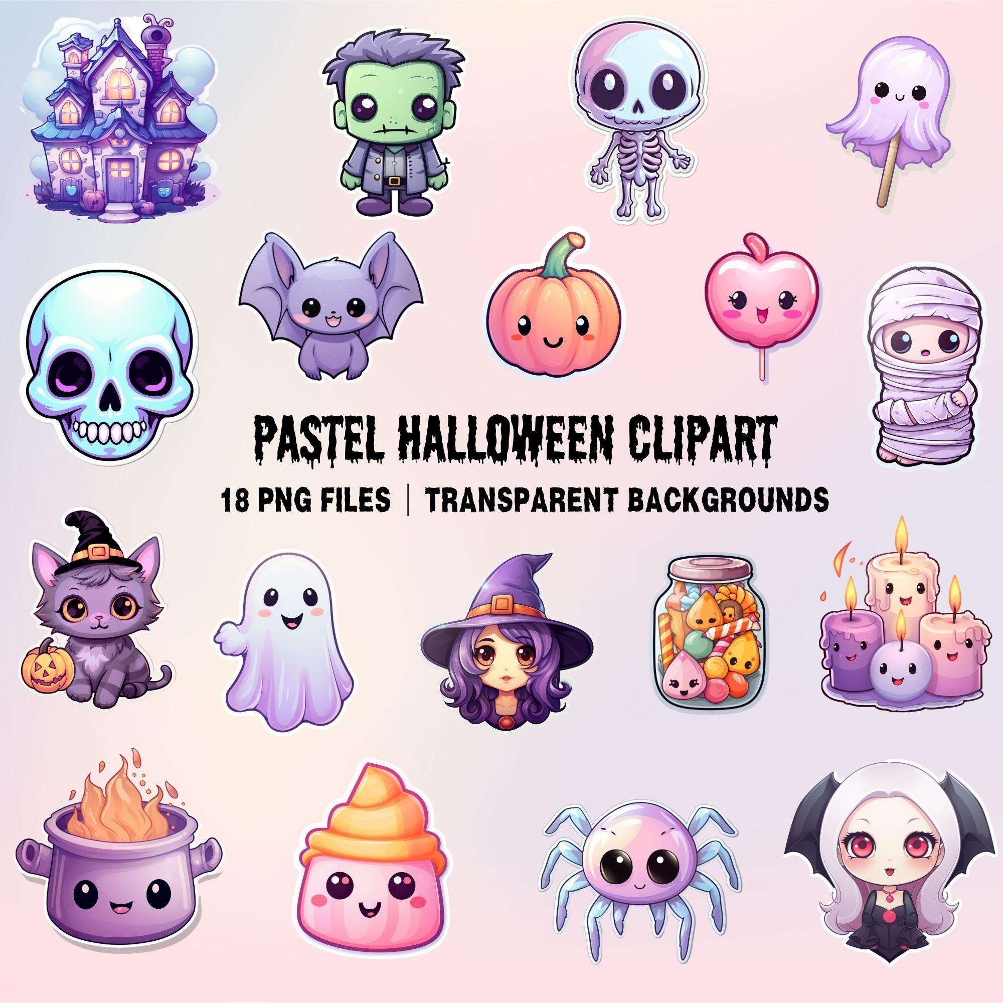 Cute Kawaii Pastel Halloween Clipart Bundle, Creepy Kawaii Horror ...