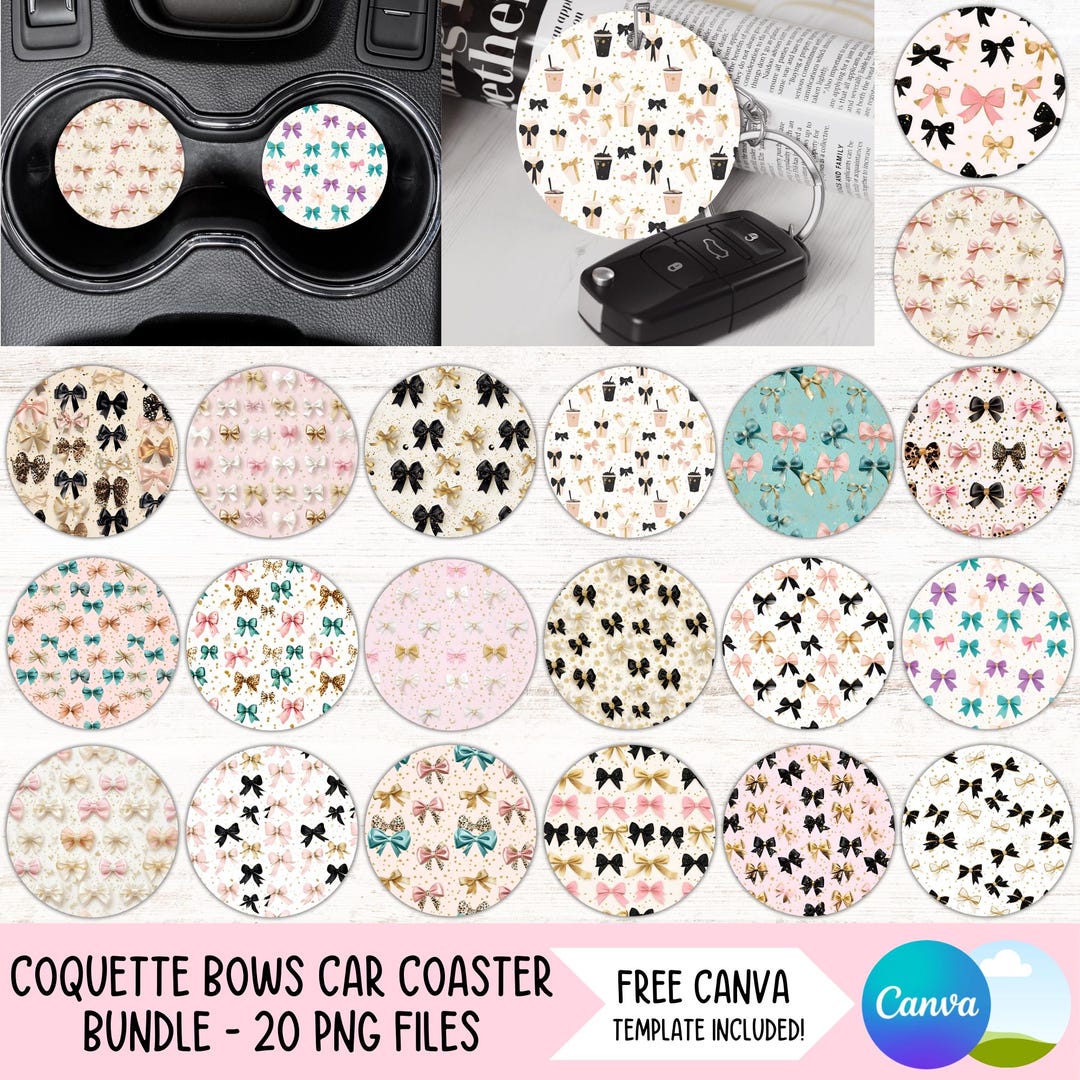 Pink Coquette Bows Car Coaster PNG Bundle Ribbon Cup Holder Sublimation ...