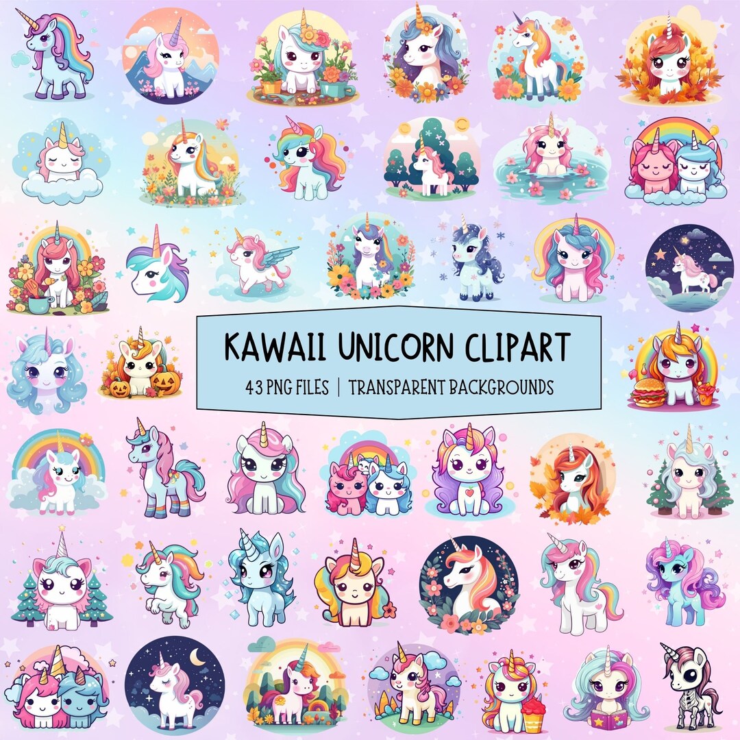 Cute Unicorn Clipart Bundle Kawaii Unicorn Png Digital Download Magical ...
