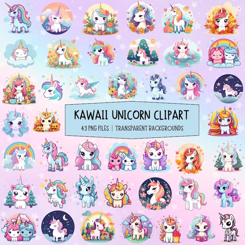 Cute Unicorn Kawaii Clipart Bundle: 43 Magical PNG Designs (digital ...