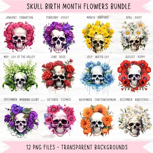 Birth Month Flower Clipart Skull PNG Bundle, DIY Birth Flower Png ...