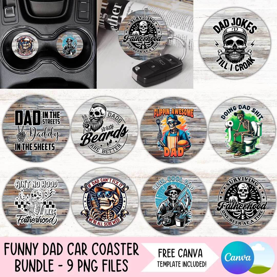 Funny Dad Car Coaster Design Bundle Father's Day Round Keychain PNG Dad ...
