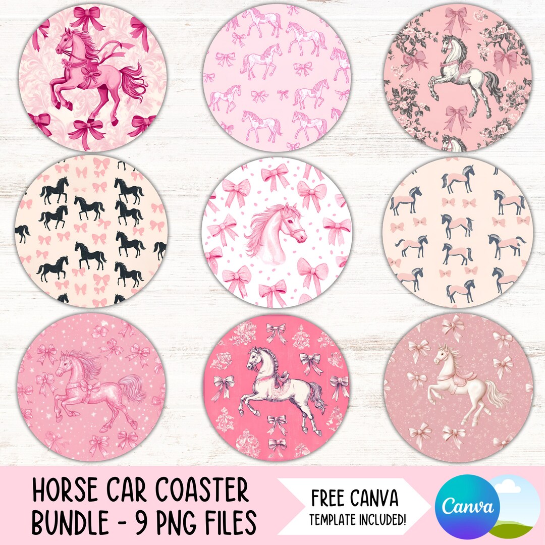 Horse Coquette Car Coaster PNG Bundle Pink Bow Cup Holder Sublimation ...