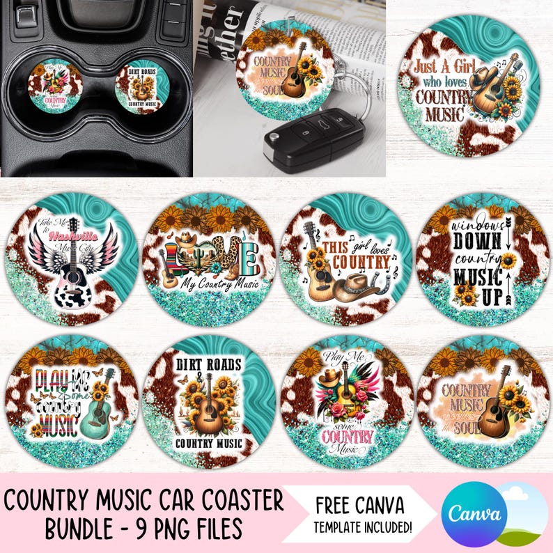 Country Music Lover Car Coaster PNG Bundle Western Coffee Cup Holder ...