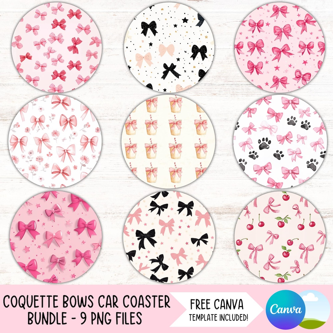 Pink Coquette Bows Car Coaster PNG Bundle Ribbon Cup Holder Sublimation ...