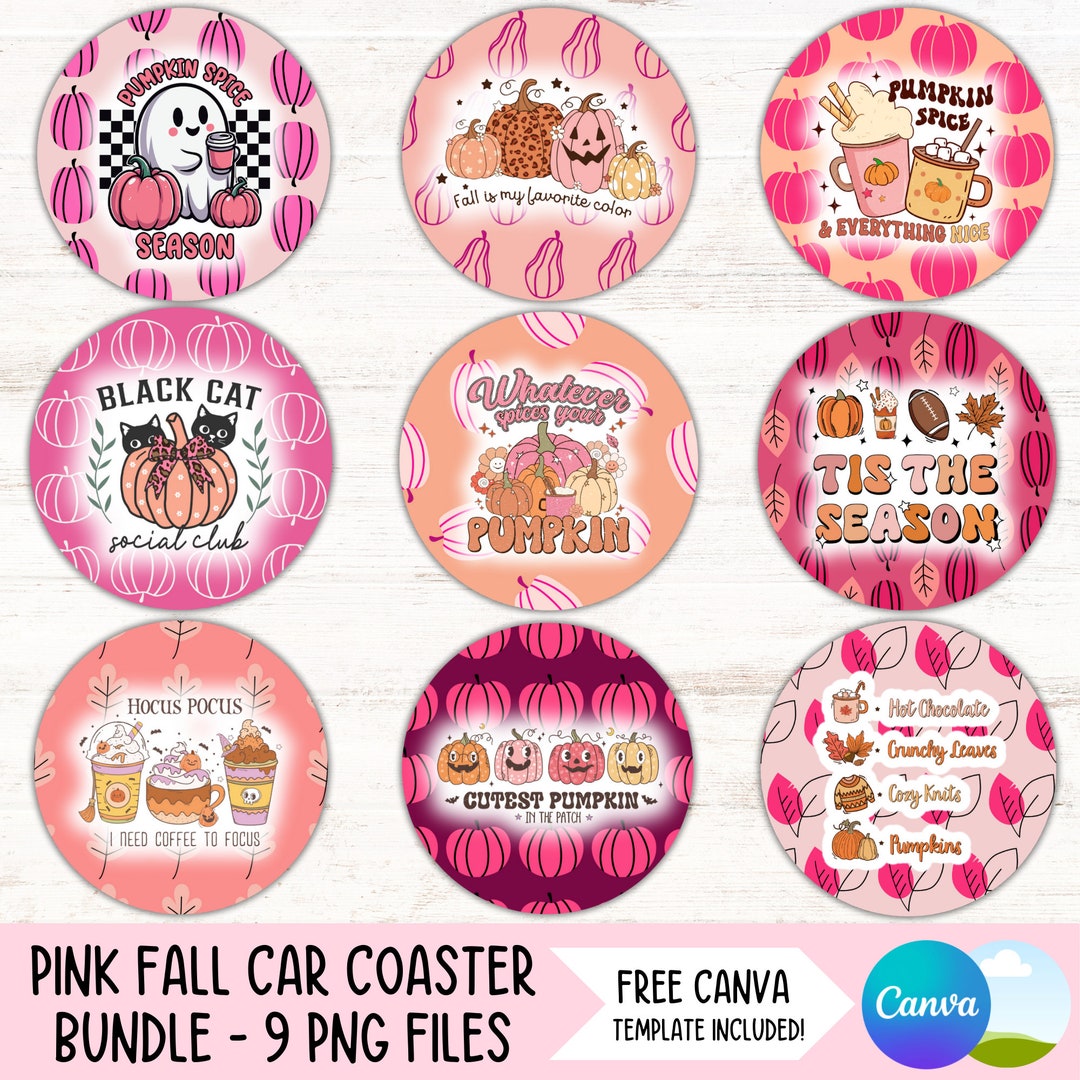 Pink Fall Car Coaster PNG Bundle Hello Fall Cup Holder Sublimation ...