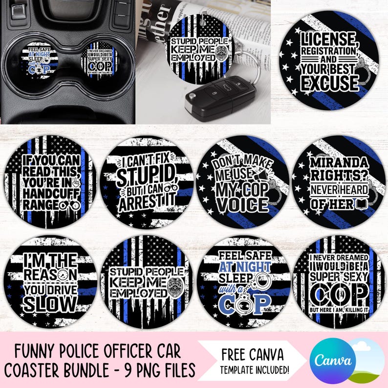 Funny Police Officer Car Coaster Bundle, Cop Round Sublimation Designs ...
