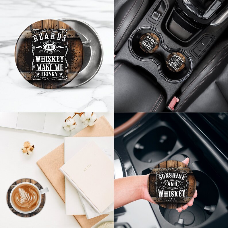 Whiskey Car Coaster Bundle for Guys, Funny Alcohol Round Sublimation ...