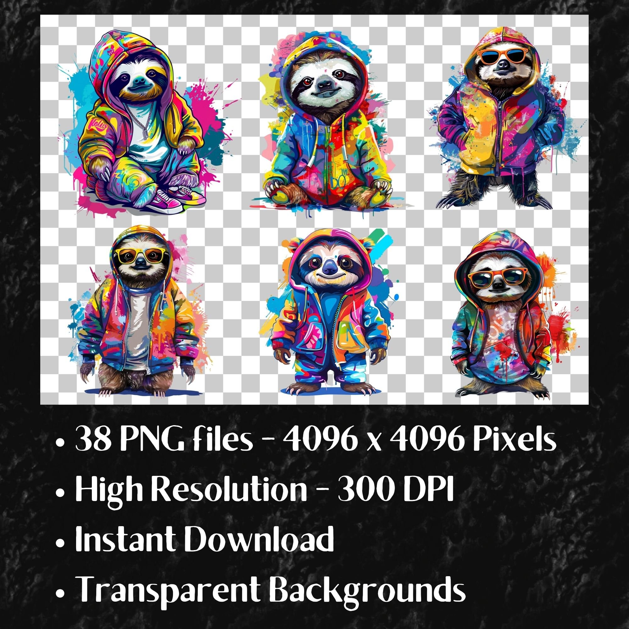 Sloth Streetwear Png Clipart Bundle Neon Graffiti Graphics for T-shirt ...
