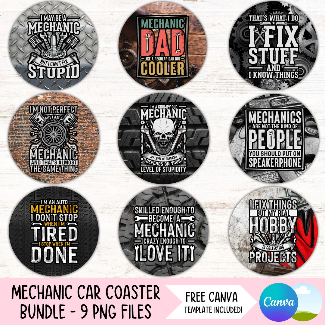 Mechanic Car Coaster Design Bundle Men's Cup Holder Sublimation Design ...