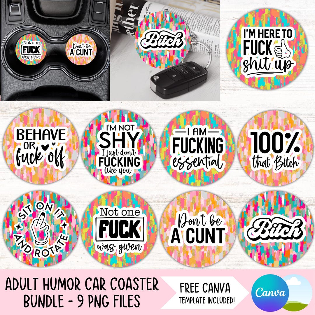 Adult Humor Car Coaster PNG Bundle Brushstroke Cup Holder Sublimation ...