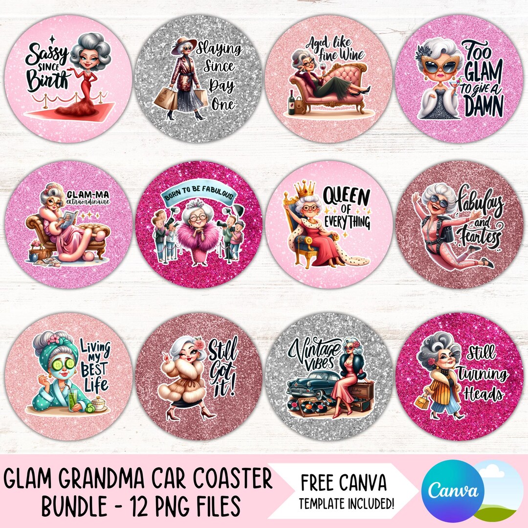Funny Grandma Car Coaster PNG Bundle Glam Grandmother Cup Holder ...