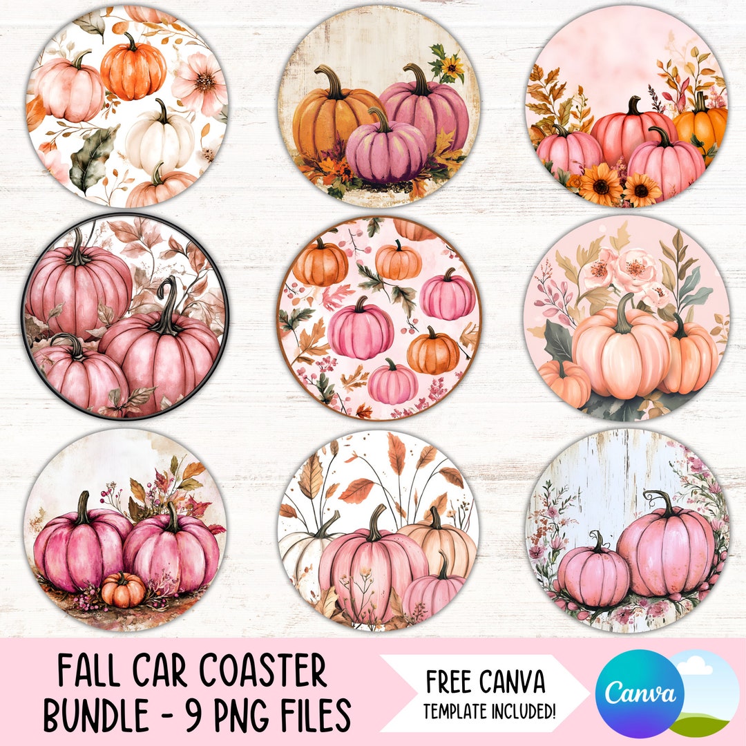Pink Fall Floral Pumpkins Car Coaster PNG Bundle Autumn Season Coffee ...