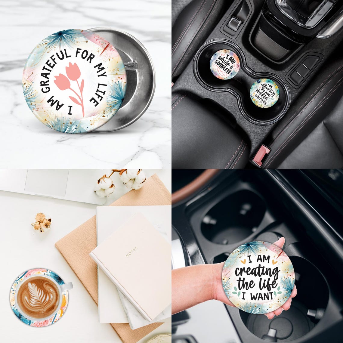 Positive Affirmations Car Coaster PNG Bundle, Floral Inspirational ...